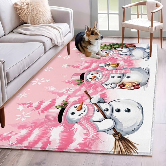 Area Rug for Living Room, Pink White Snowman Christmas Non-Slip Indoor ...