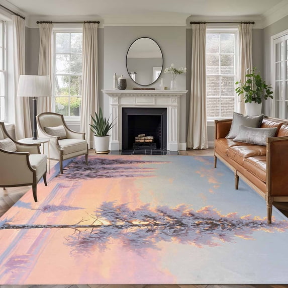 Area Rug for Living Room, Pink Winter Landscapes Non-Slip Indoor Large ...