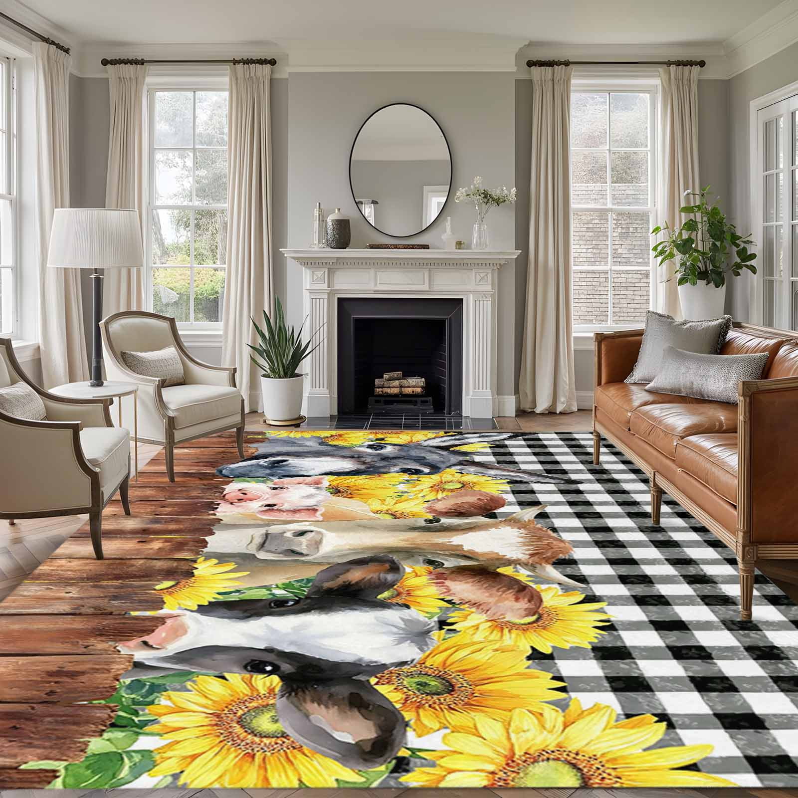Area Rug for Living Room, Plaid Pig Cow Wooden Non-Slip Indoor Ex Large ...