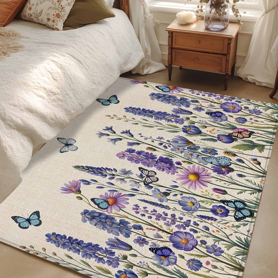 Area Rug for Living Room, Purple Floral Non-Slip Indoor Large Carpet ...