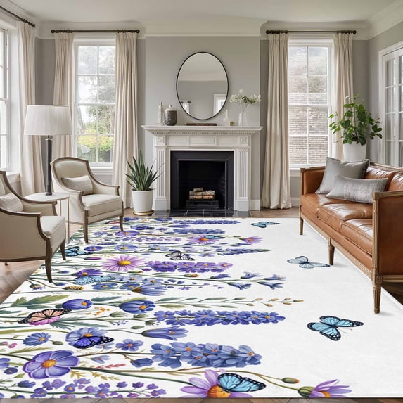 Area Rug for Living Room, Purple Floral Non-Slip Indoor Large Carpet ...