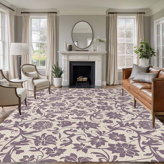 Area Rug for Living Room, Purple Floral Non-Slip Indoor Large Carpet ...