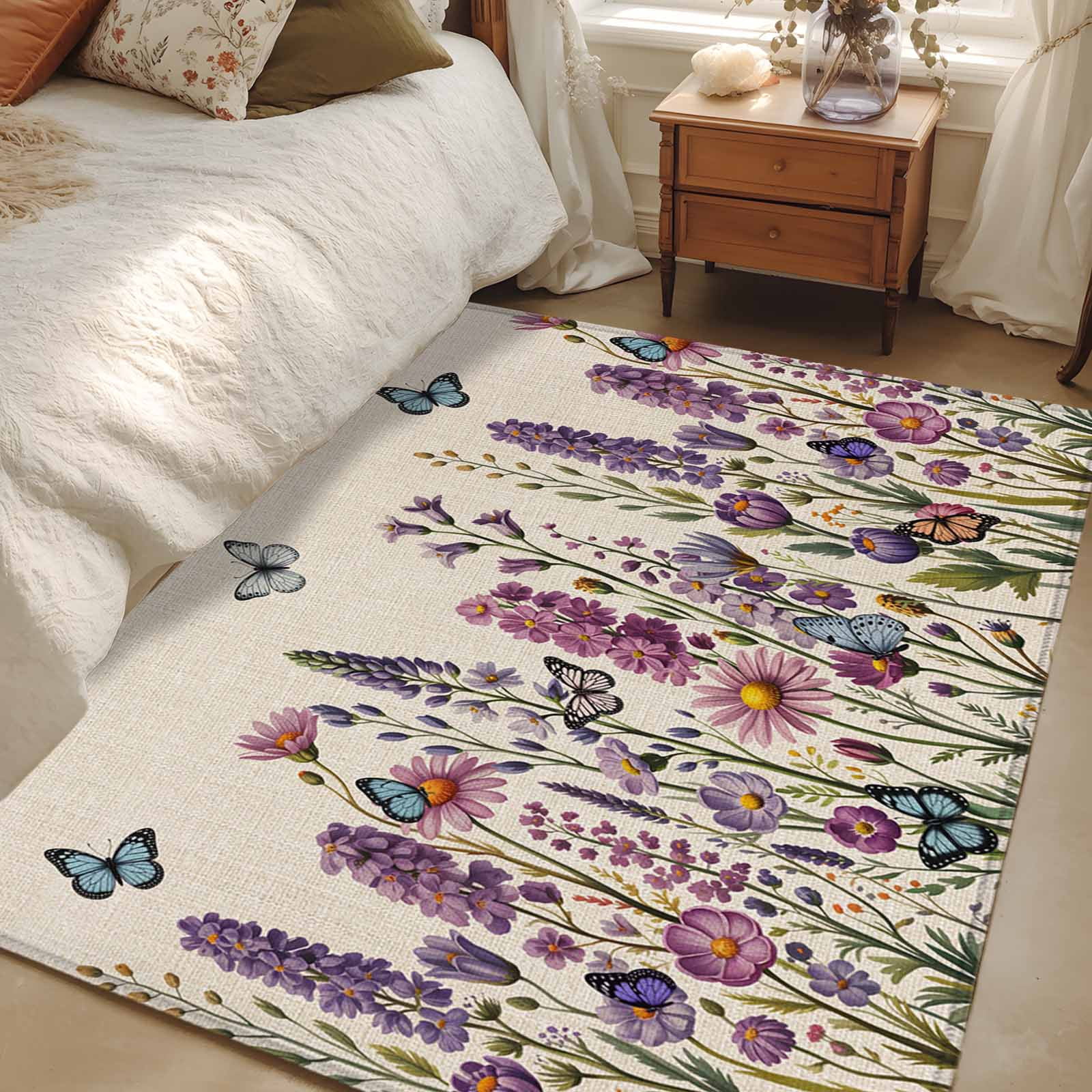 Area Rug for Living Room, Purple Flowers Non-Slip Indoor Large Carpet ...