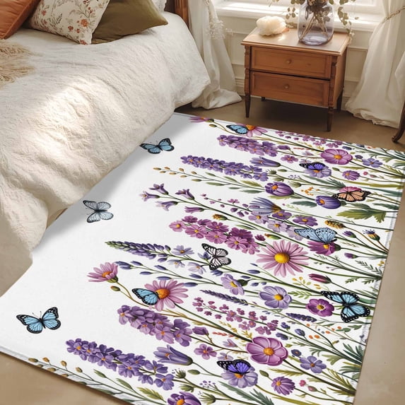 Area Rug for Living Room, Purple Flowers Non-Slip Indoor Large Carpet ...
