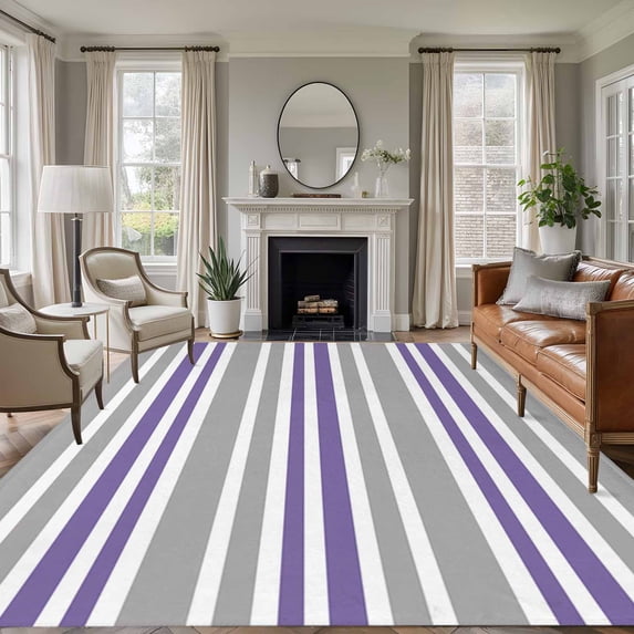 Area Rug for Living Room, Purple Grey Striped Non-Slip Indoor Large ...