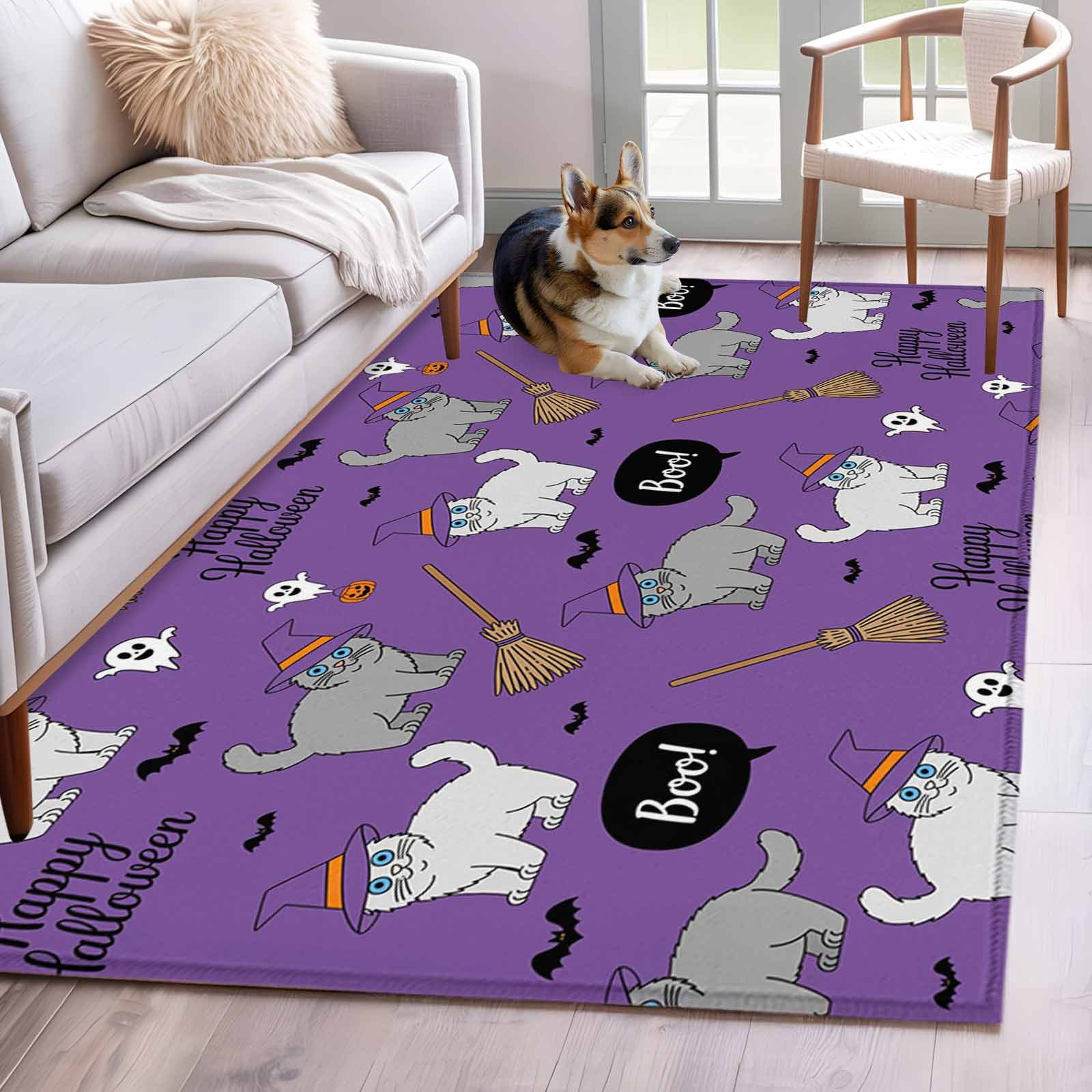 Area Rug for Living Room, Purple Halloween Non-Slip Indoor Large Carpet ...