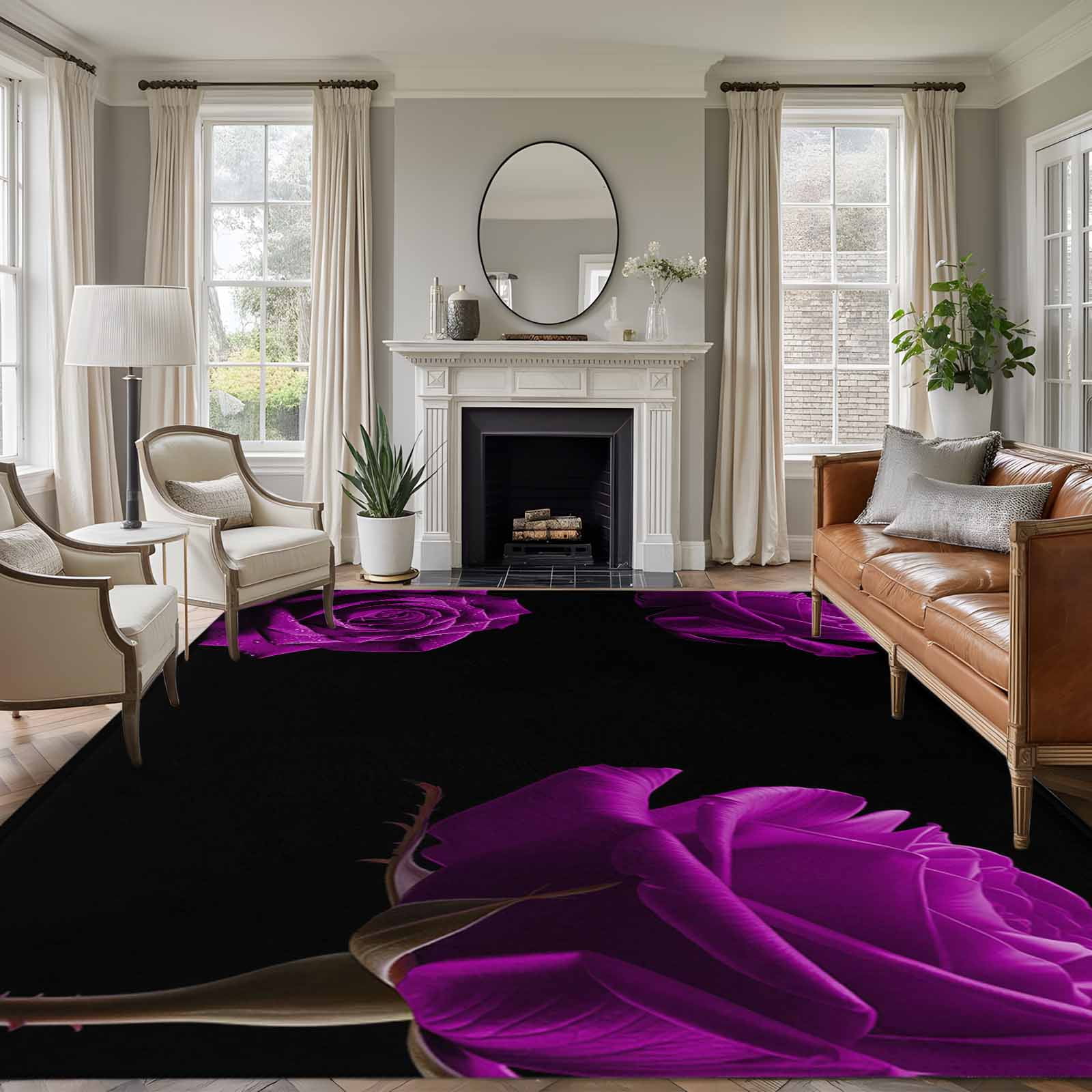 Area Rug for Living Room, Purple Rose Non-Slip Indoor Ex Large Carpet ...