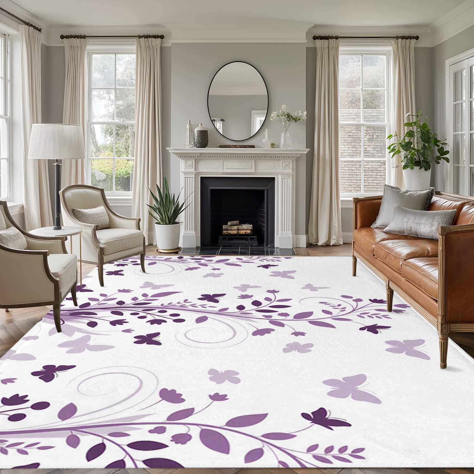 Area Rug for Living Room, Purple Spring Floral Non-Slip Indoor Large ...