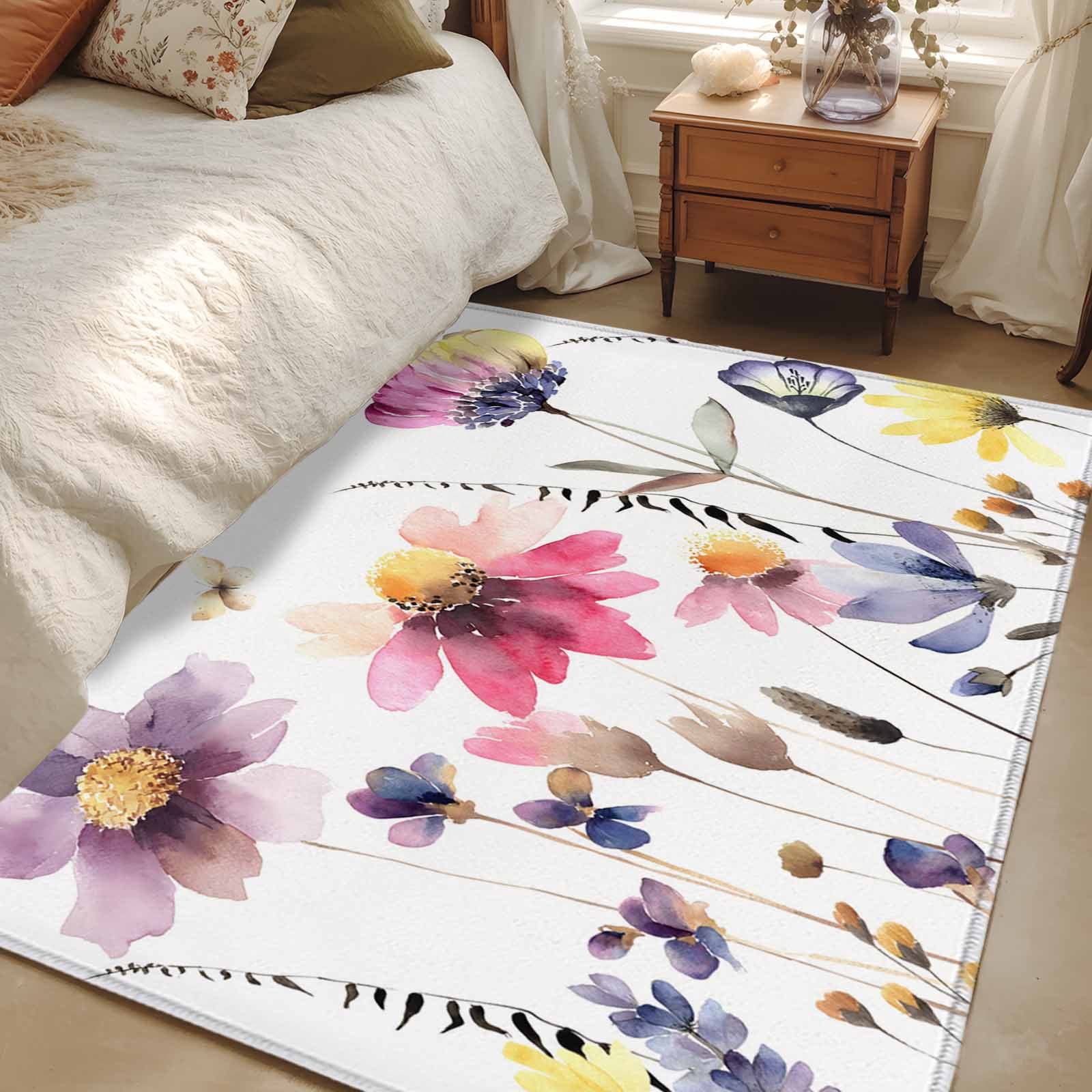 Area Rug for Living Room, Purple Spring Floral Non-Slip Indoor Large ...