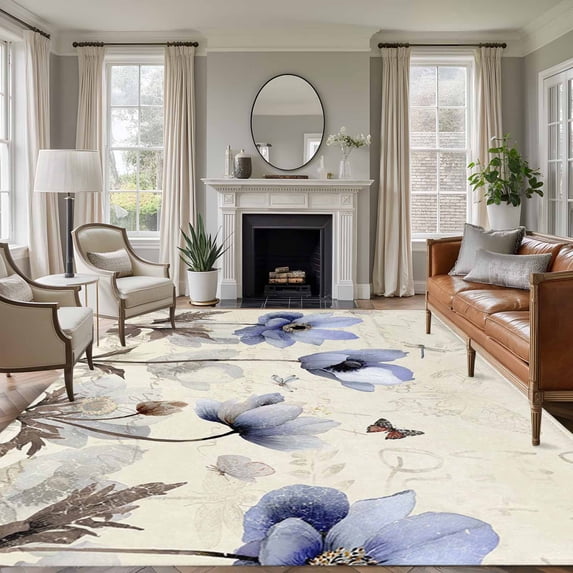 Area Rug for Living Room, Purple Spring Floral Non-Slip Indoor Large ...