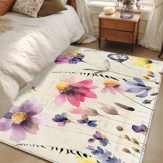 Area Rug for Living Room, Purple Spring Floral Non-Slip Indoor Large ...