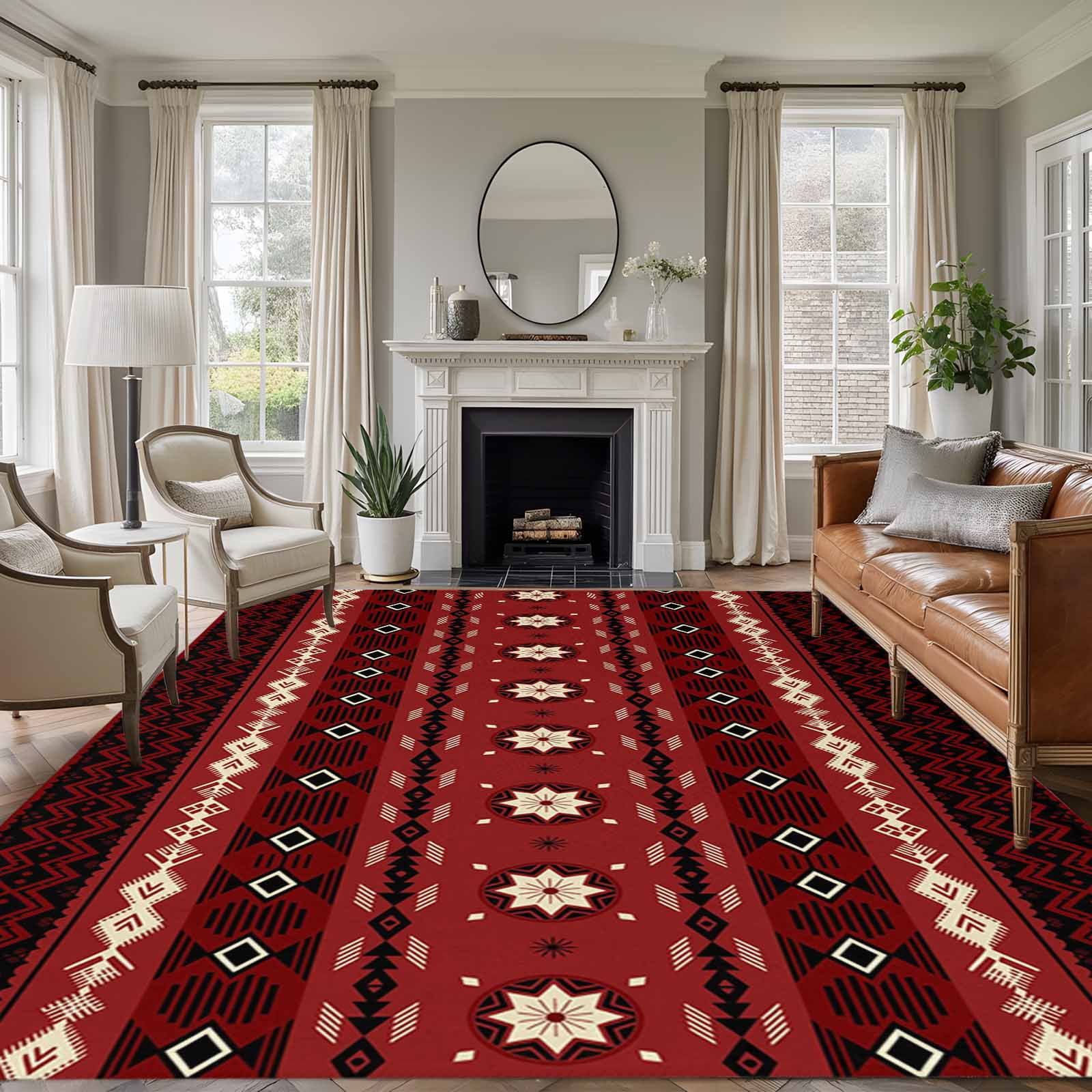 Area Rug for Living Room, Red Black Boho Non-Slip Indoor Large Carpet ...