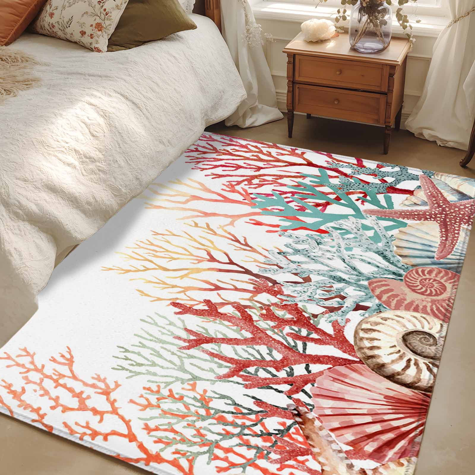 Area Rug for Living Room, Red Coral Coastal Non-Slip Indoor Large ...