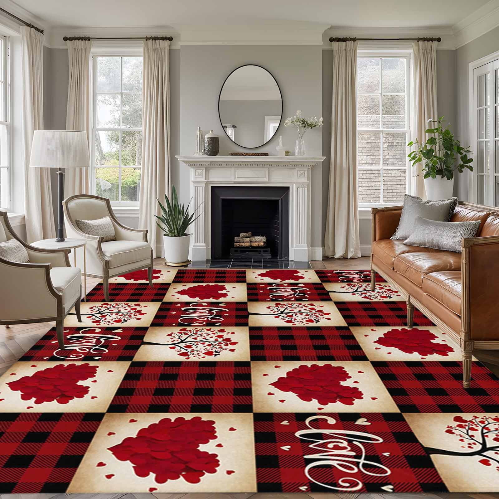 Area Rug for Living Room, Red Plaid Valentine's Day Non-Slip Indoor ...
