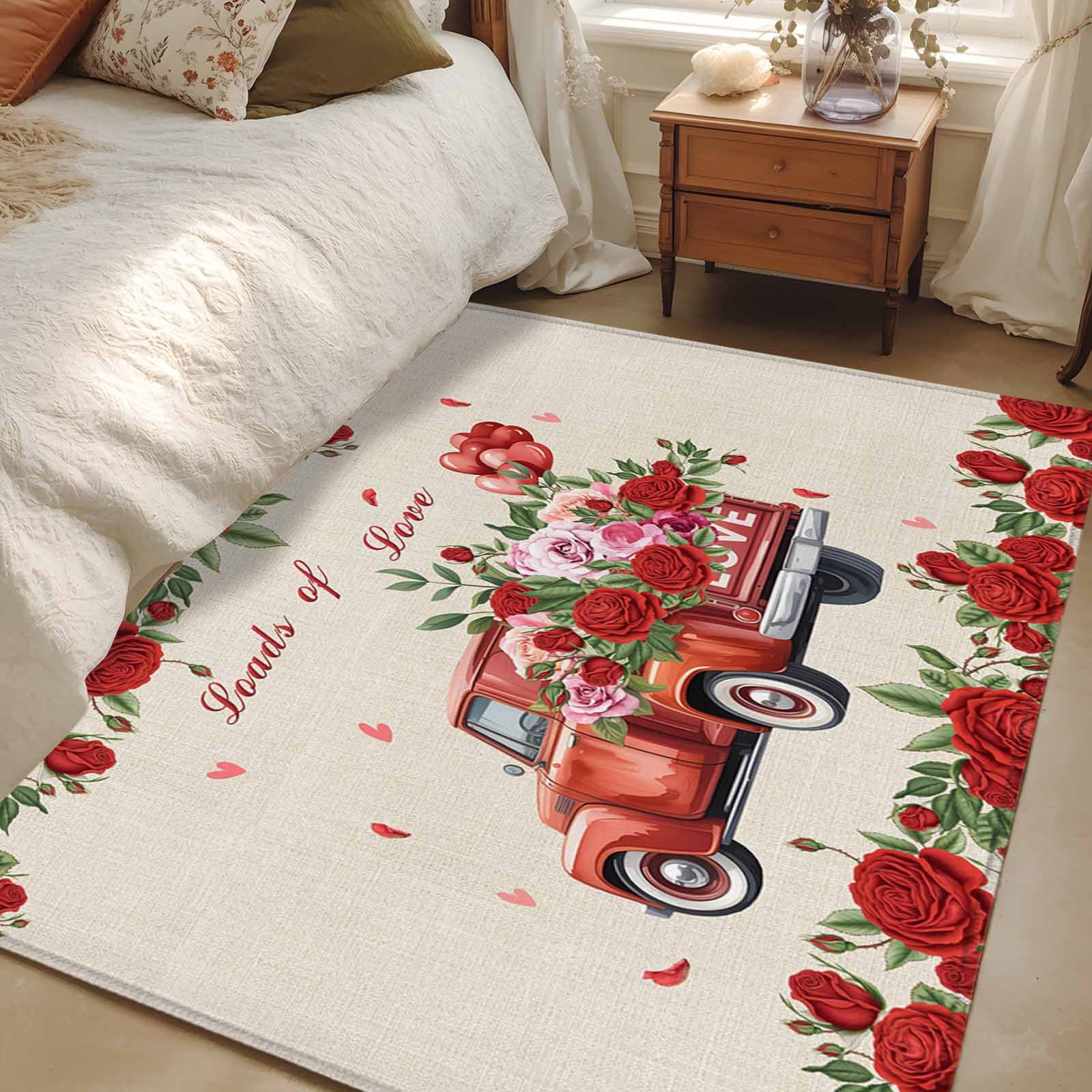 Area Rug for Living Room, Red Roses Valentine's Day Non-Slip Indoor ...
