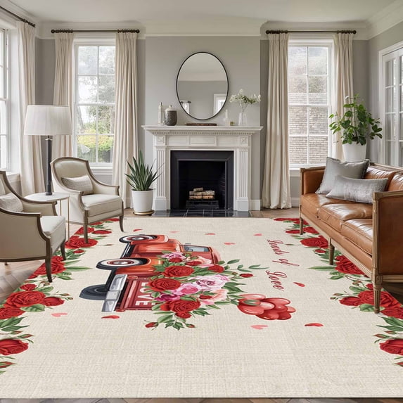 Area Rug for Living Room, Red Roses Valentine's Day Non-Slip Indoor ...