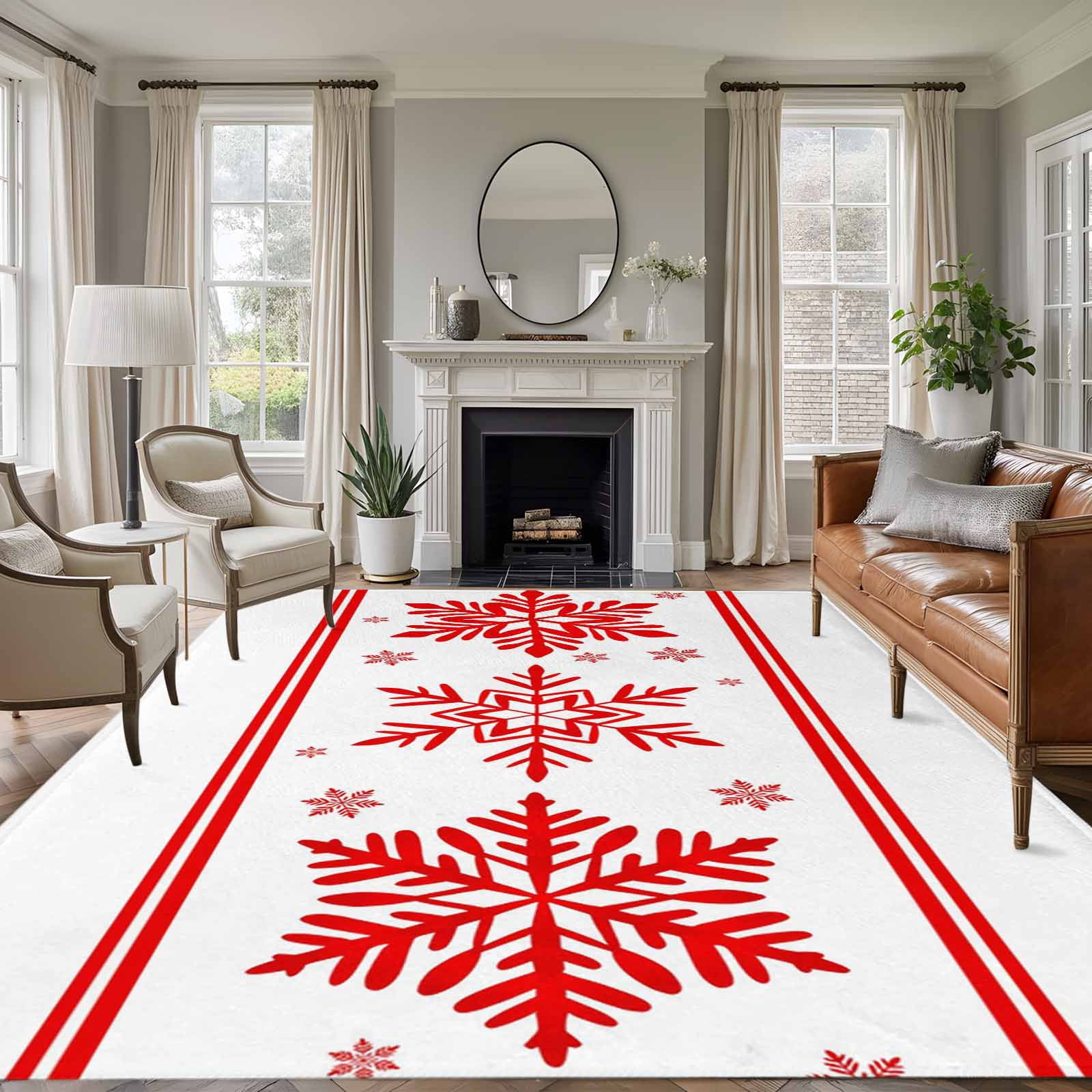 Area Rug for Living Room, Red Snowflake Christmas Non-Slip Indoor Large ...
