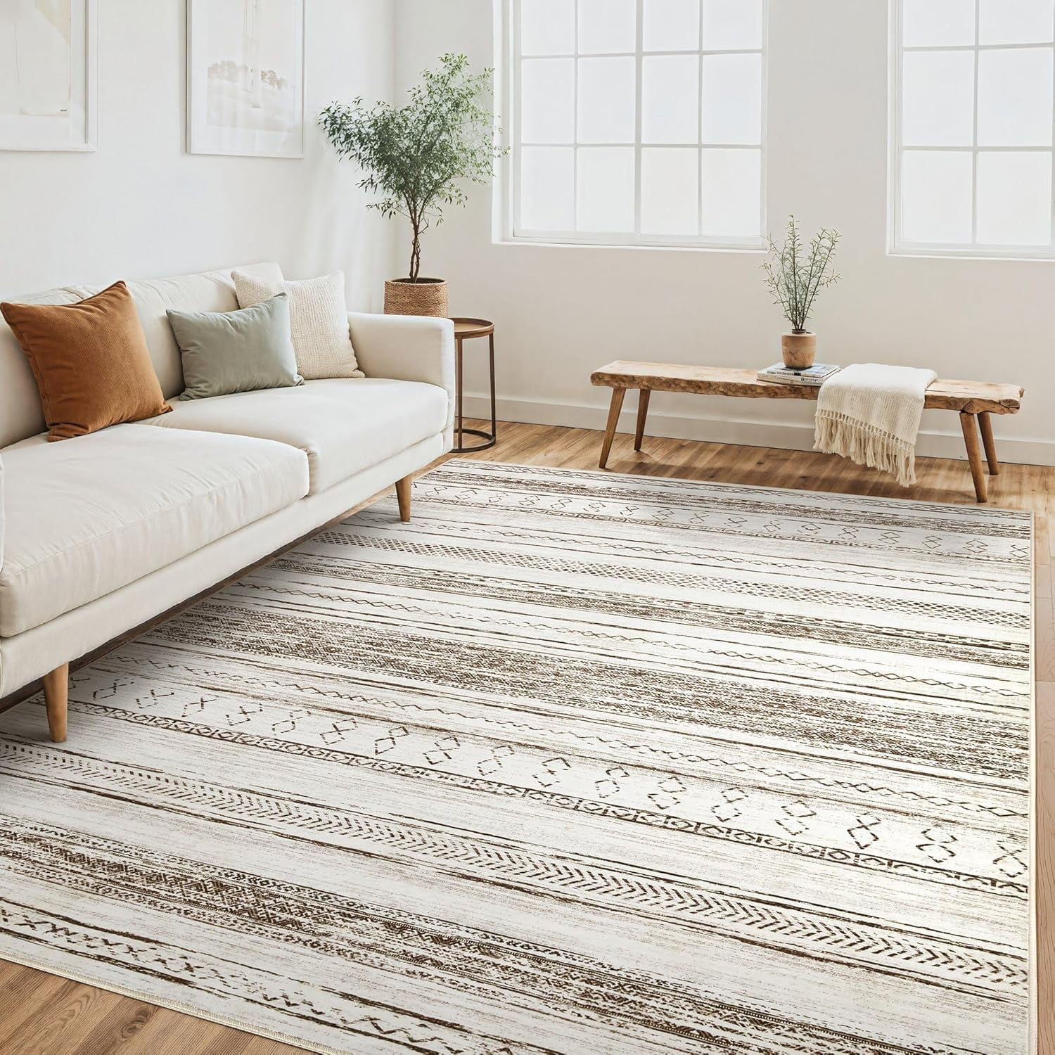 Area Rug Living Room Rugs - 5x7 Washable Large Soft Neutral Boho ...