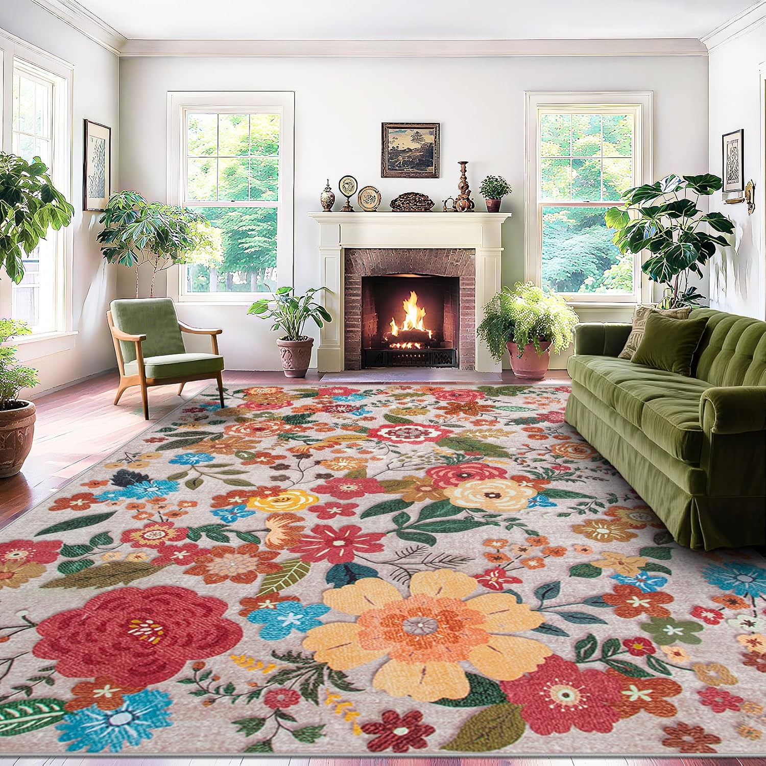Area Rug Living Room Rugs Washable Rug Vintage Floral Soft Boho Non ...