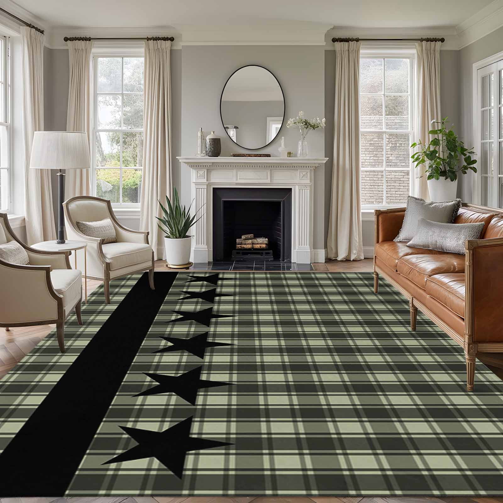 Area Rug for Living Room, Sage Green Black Plaid Non-Slip Indoor Large ...