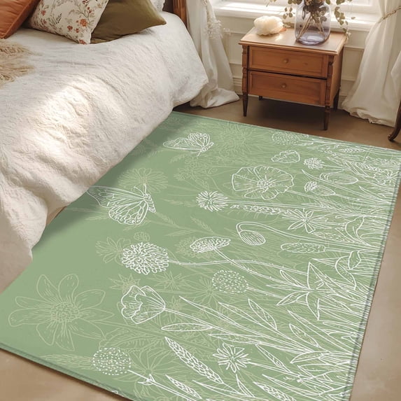 Area Rug for Living Room, Sage Green Wildflowers Non-Slip Indoor Large ...