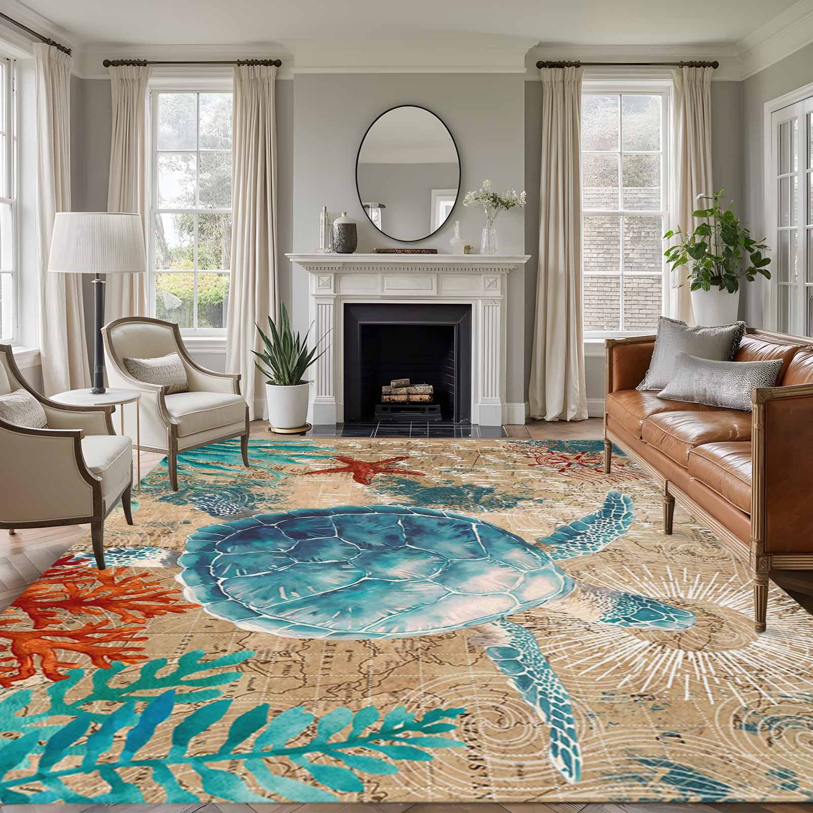 Area Rug for Living Room, Sea Turtle Coastal Non-Slip Indoor Large ...
