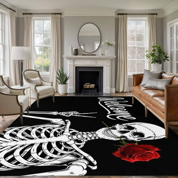 Area Rug for Living Room, Skeletons Roses Non-Slip Indoor Large Carpet ...