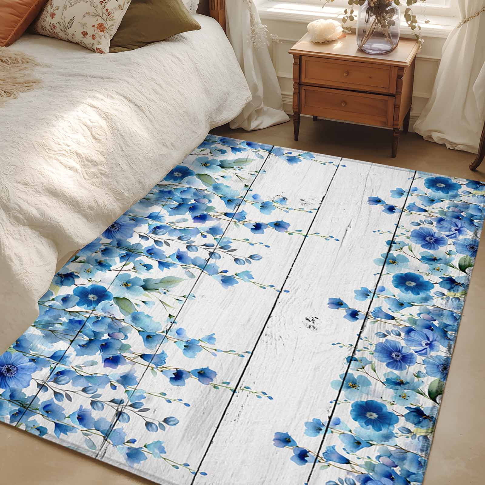 Area Rug for Living Room, Spring Blue Floral Non-Slip Indoor Large ...