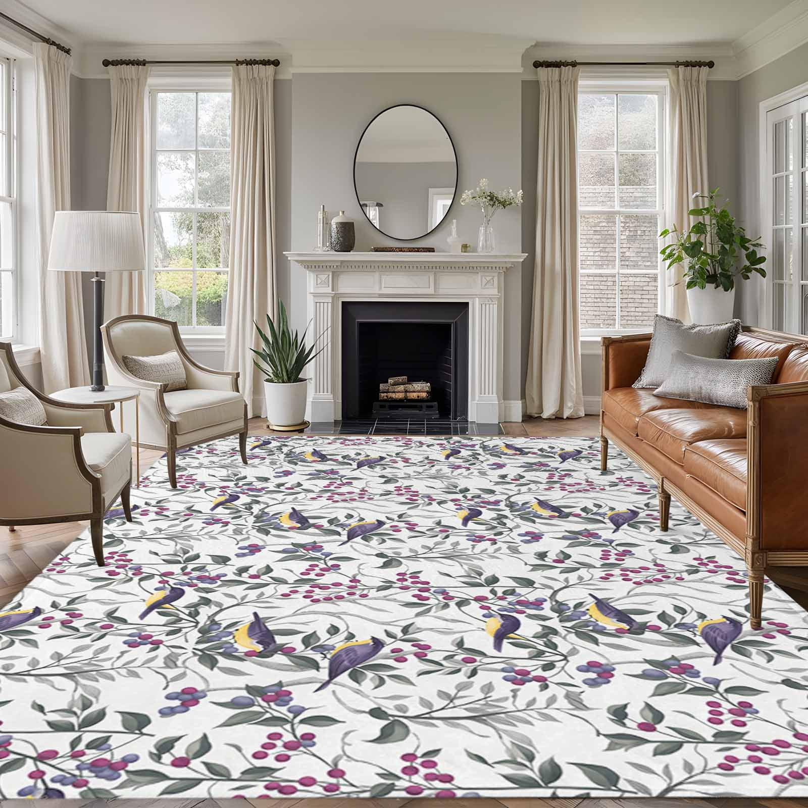 Area Rug for Living Room, Spring Botanical Birds Non-Slip Indoor Large ...