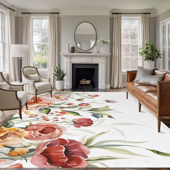 Area Rug for Living Room, Spring Floral Non-Slip Indoor Large Carpet ...