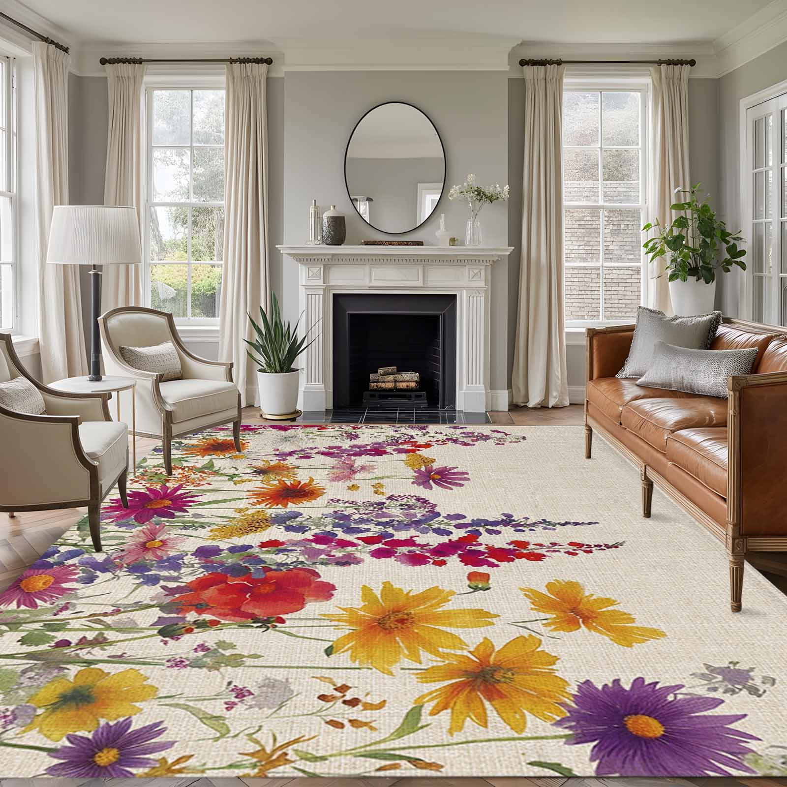 Area Rug for Living Room, Spring Floral Non-Slip Indoor Large Carpet ...