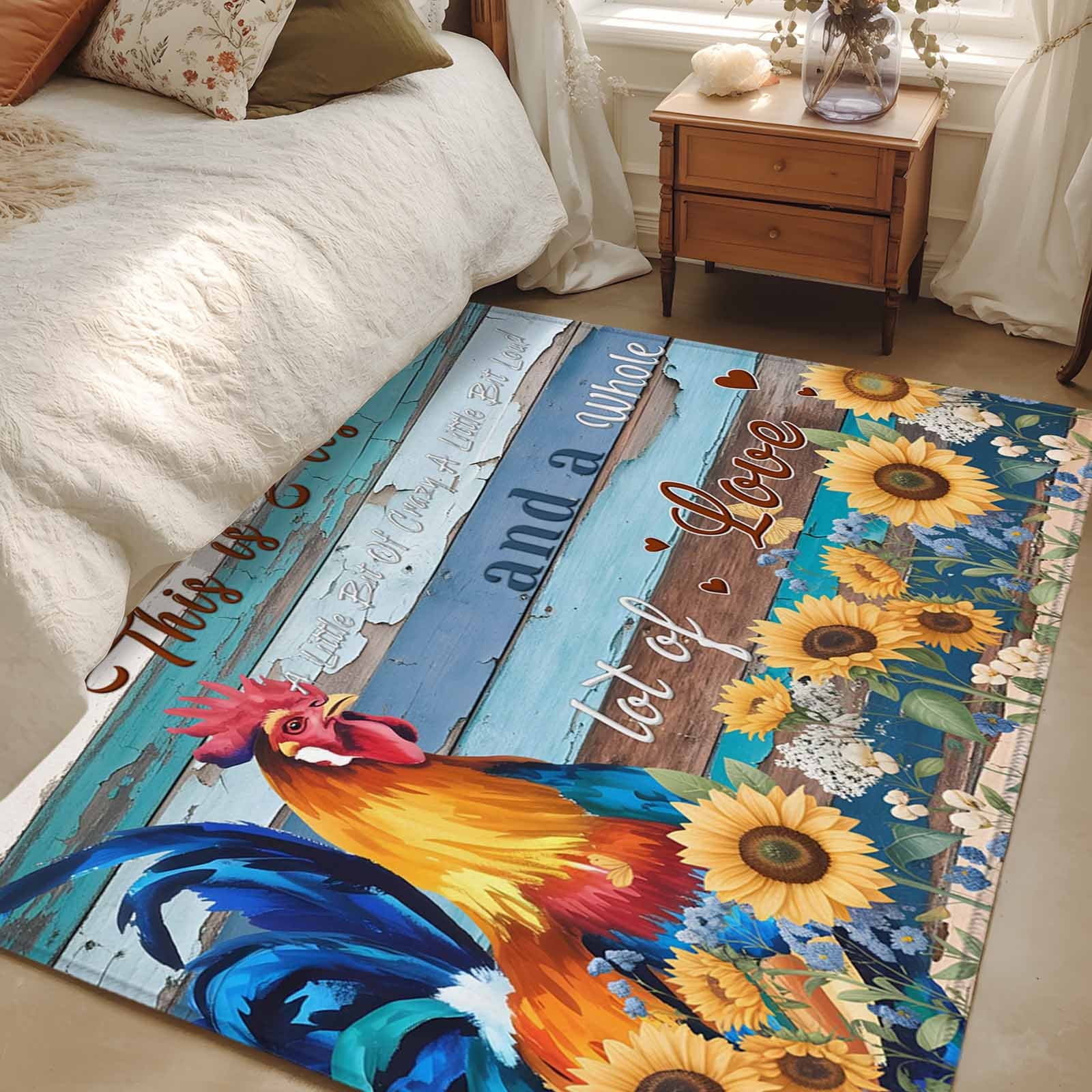 Area Rug for Living Room, Sunflowers Chickens Non-Slip Indoor Large ...