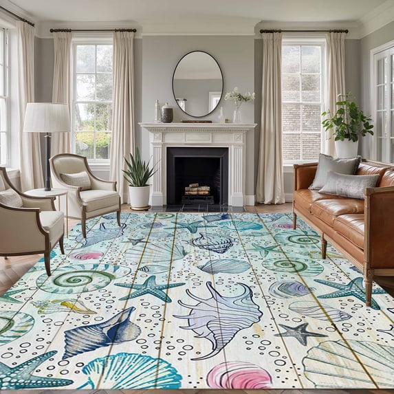 Area Rug for Living Room, Teal Blue Coastal Non-Slip Indoor Large ...