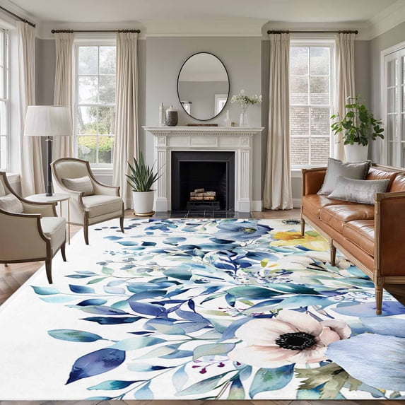Area Rug for Living Room, Teal Blue Eucalyptus Non-Slip Indoor Large ...