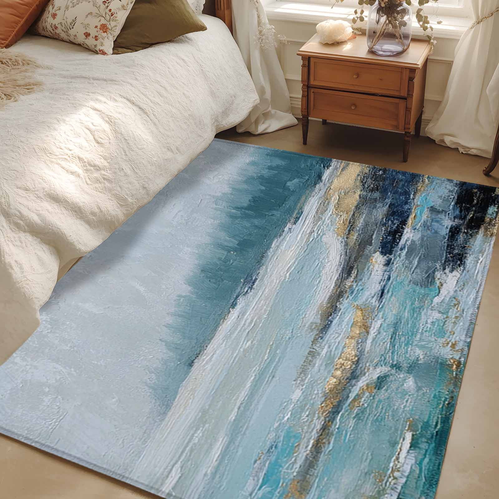 Area Rug for Living Room, Teal Blue Oil Painting Non-Slip Indoor Large ...