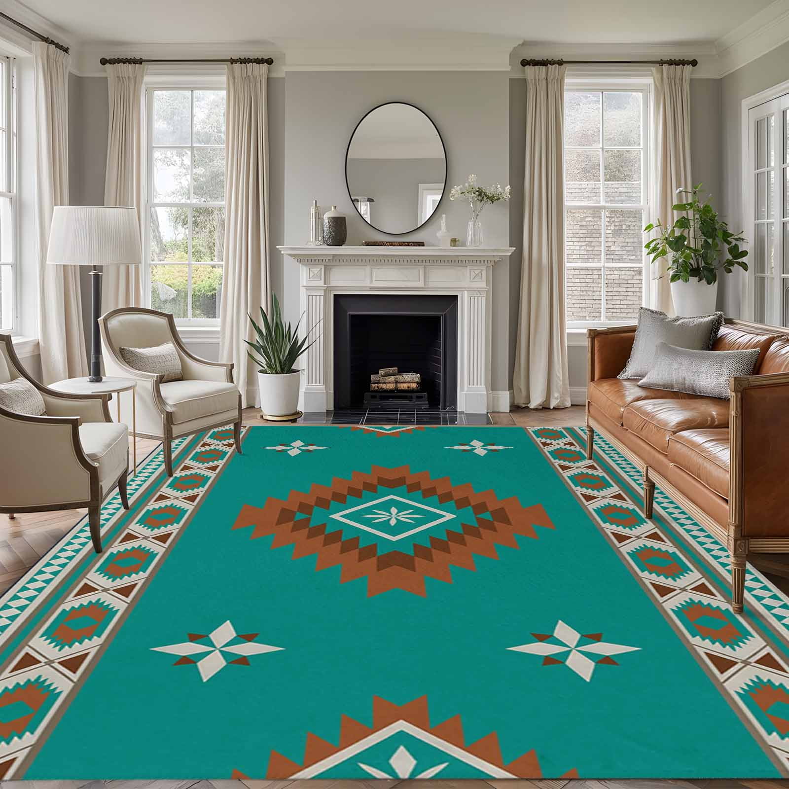 Area Rug for Living Room, Teal Brown Boho Non-Slip Indoor Large Carpet ...