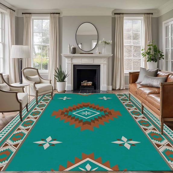 Area Rug for Living Room, Teal Brown Boho Non-Slip Indoor Large Carpet ...