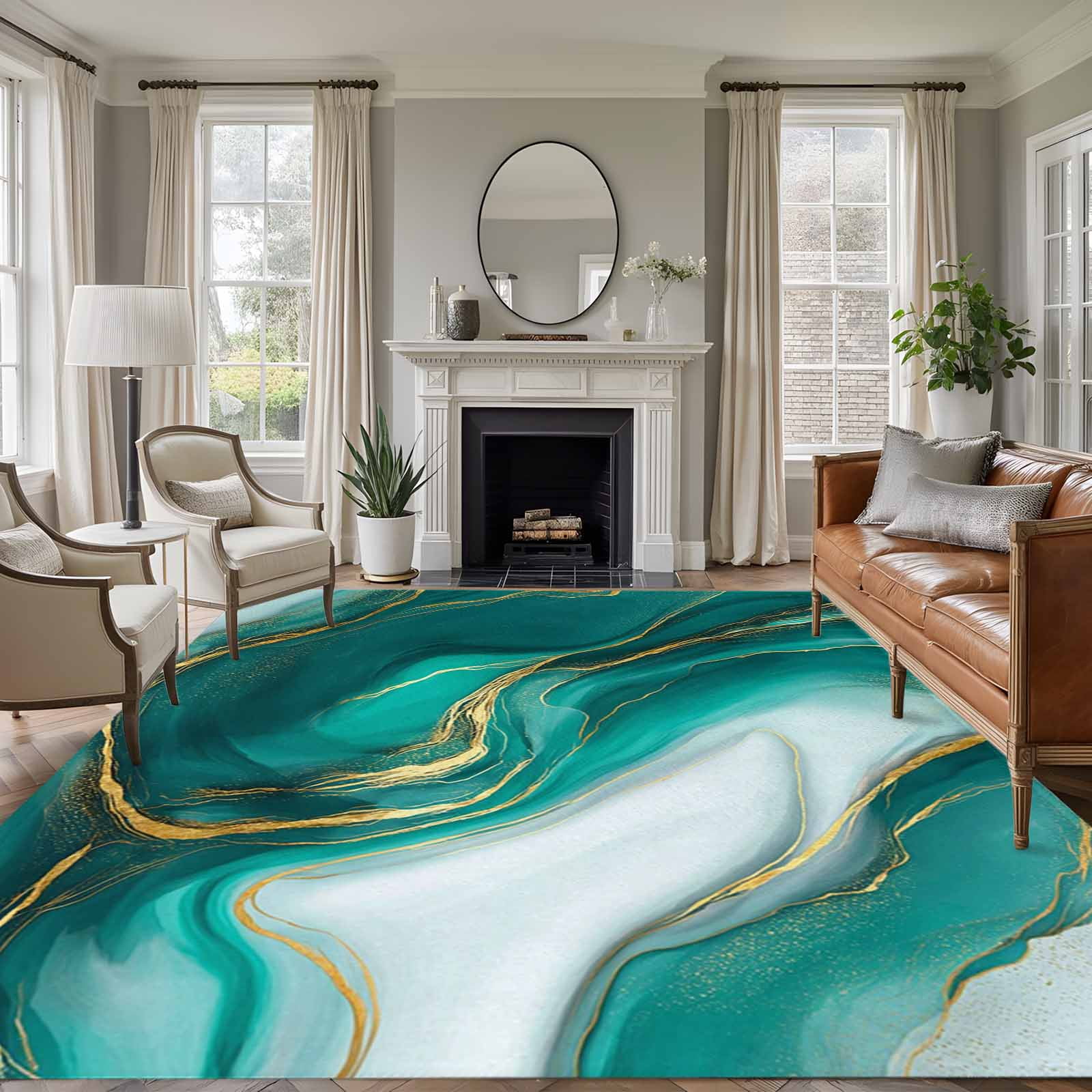 Area Rug for Living Room, Teal Marble Non-Slip Indoor Large Carpet for ...