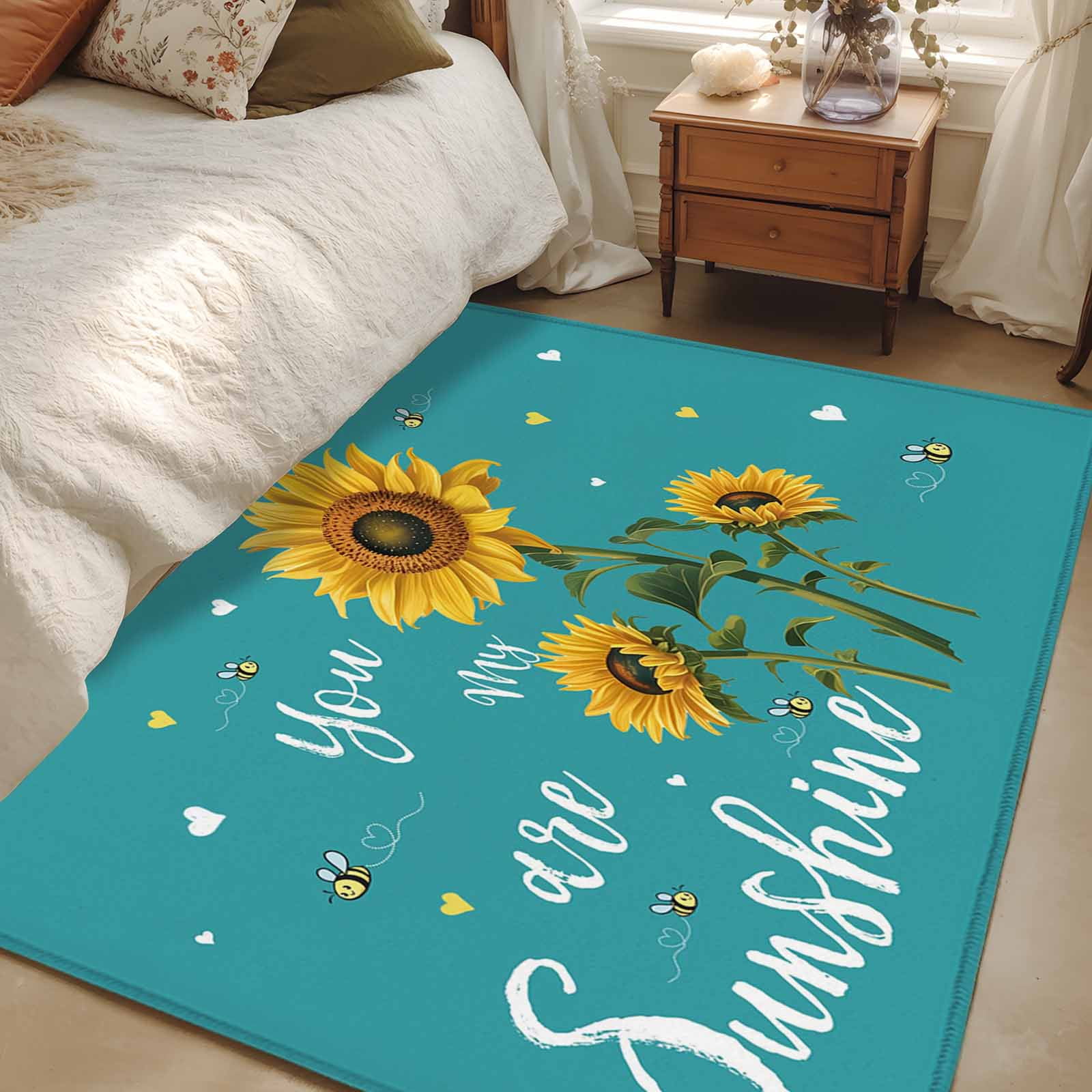 Area Rug for Living Room, Teal Sunshine Sunflower Non-Slip Indoor Large ...