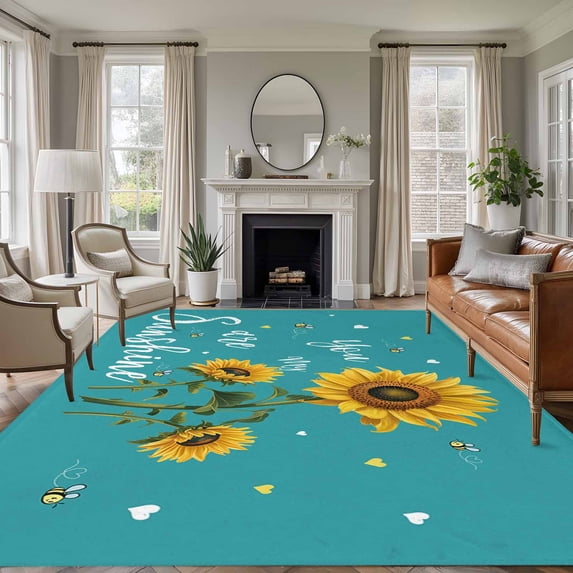 Area Rug for Living Room, Teal Sunshine Sunflower Non-Slip Indoor Large ...