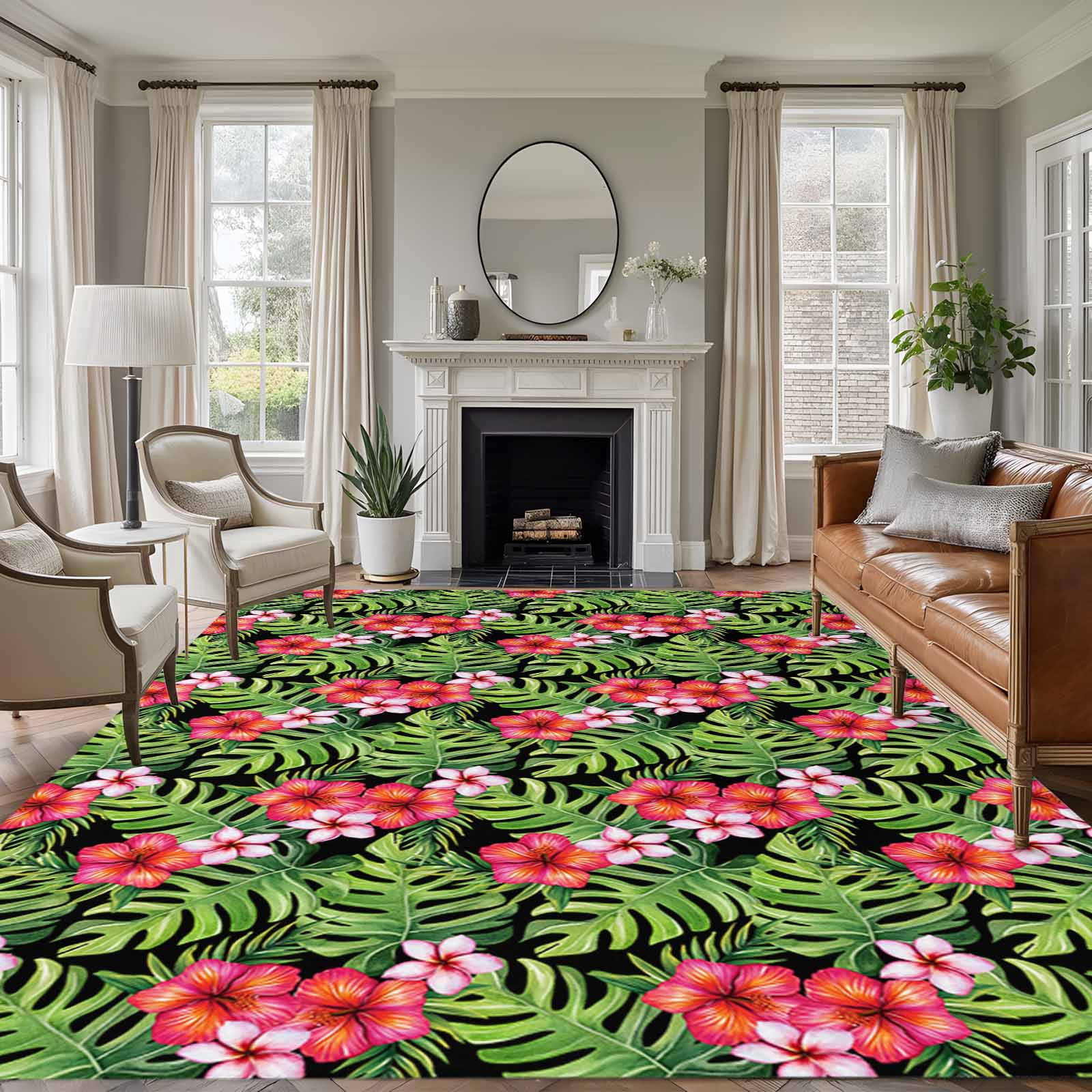 Area Rug for Living Room, Tropical Flower Non-Slip Indoor Large Carpet ...