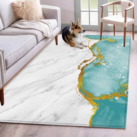Area Rug for Living Room, Turquoise Gold Marble Non-Slip Indoor Large ...