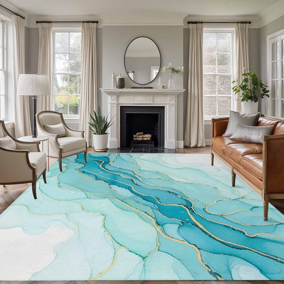 Area Rug for Living Room, Turquoise Ombre Marble Non-Slip Indoor Large ...