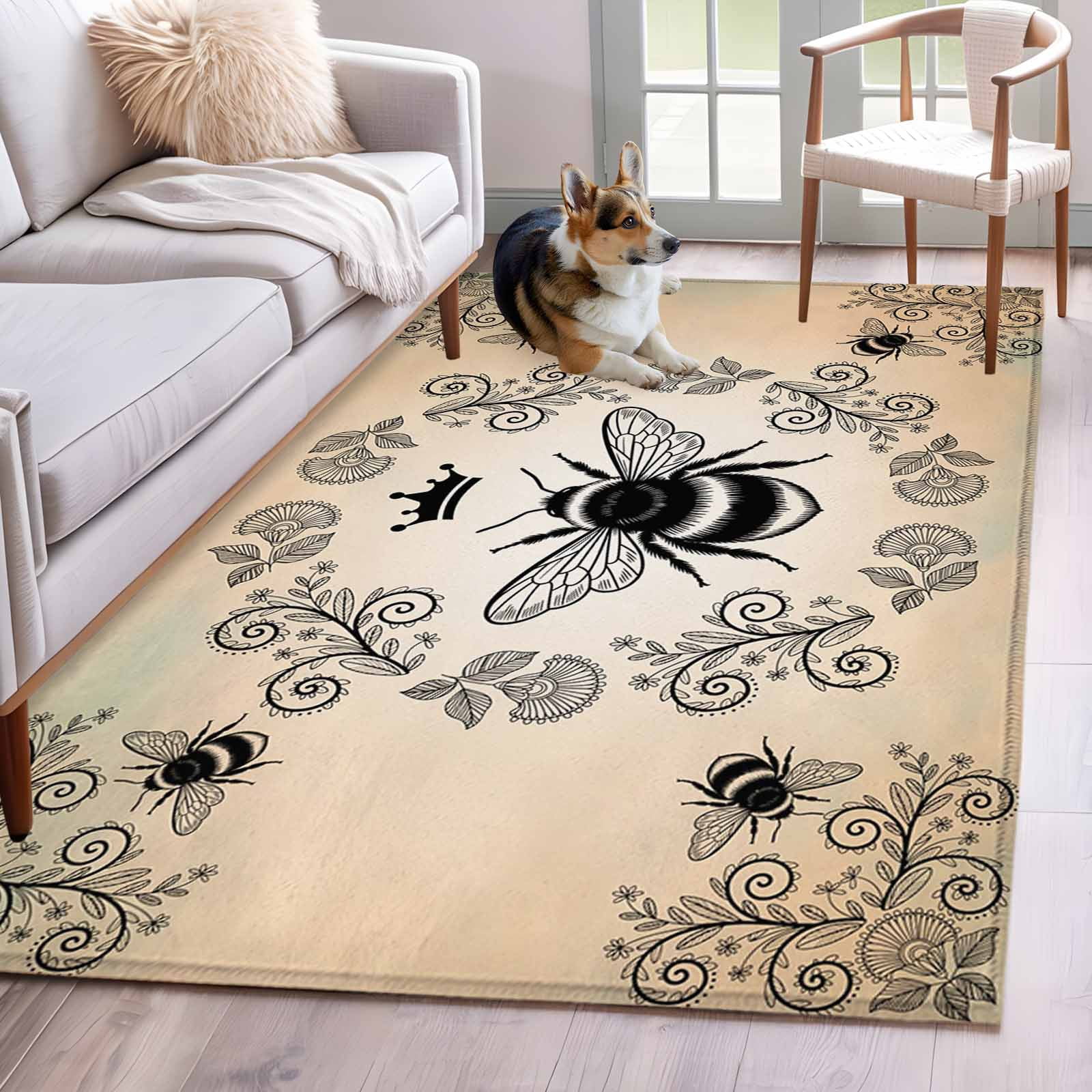 Area Rug for Living Room, Vintage Bees Crowns Non-Slip Indoor Large ...