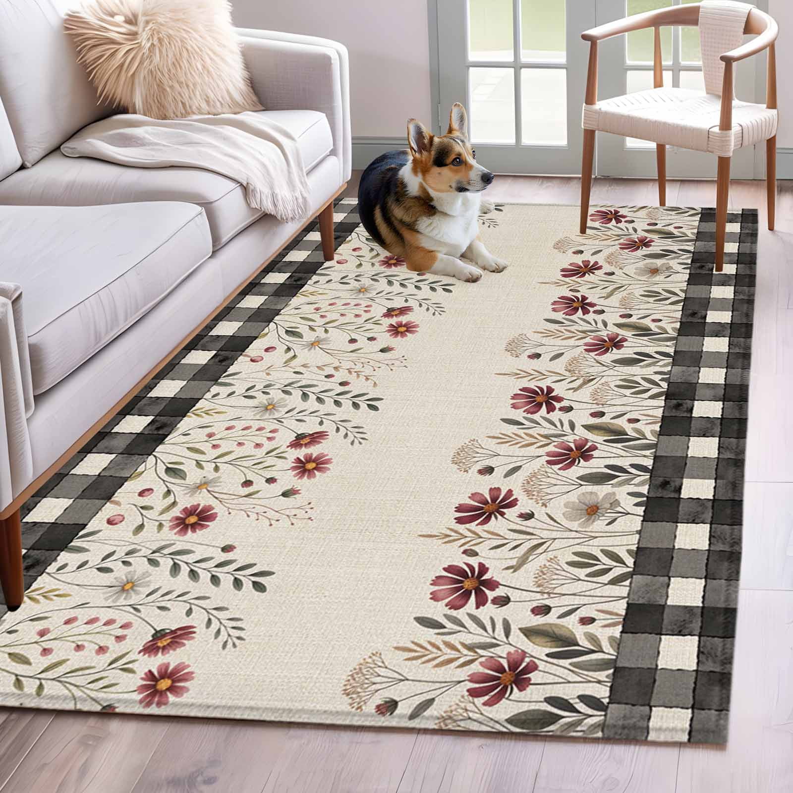 Area Rug for Living Room, Vintage Flowers Non-Slip Indoor Large Carpet ...