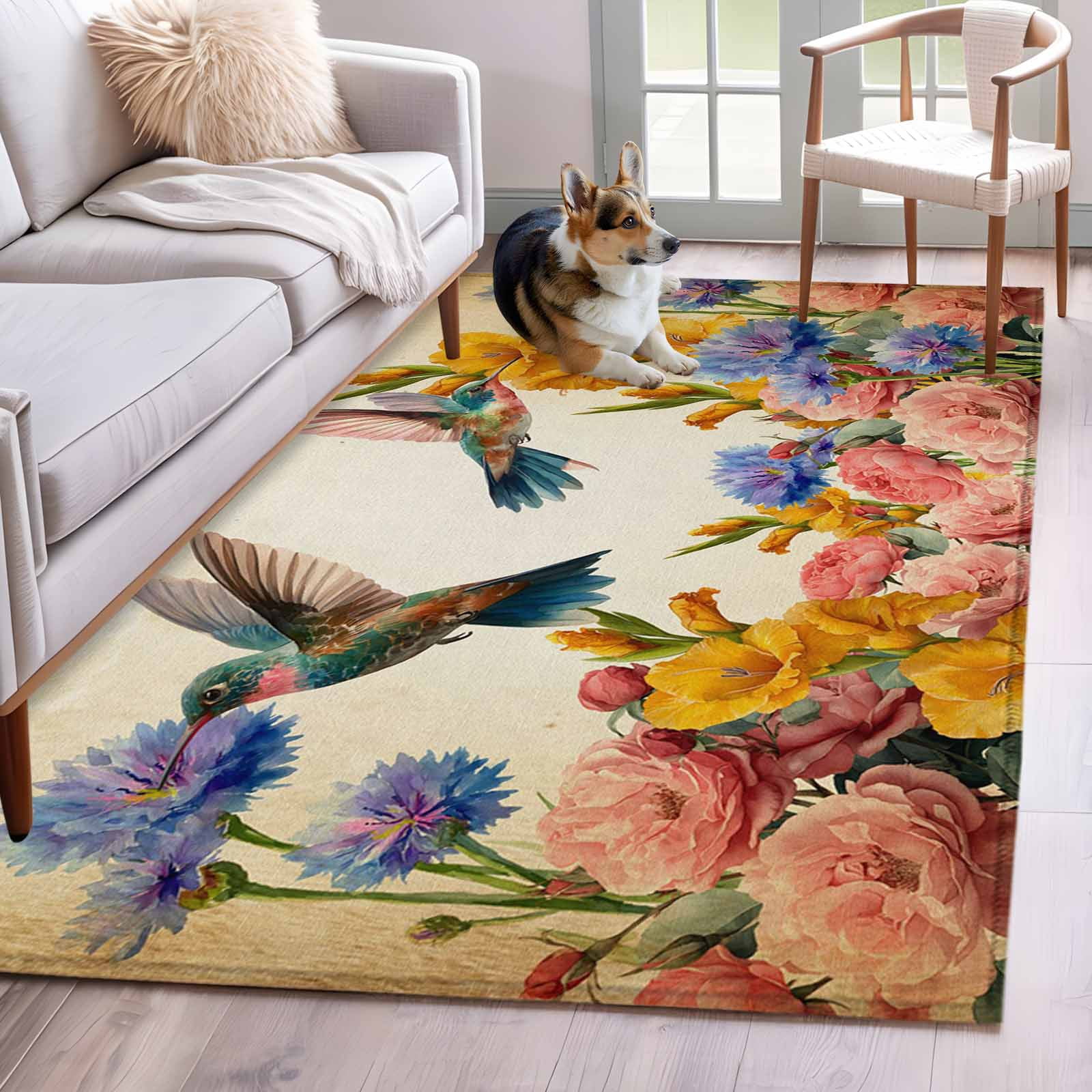 Area Rug for Living Room, Vintage Hummingbirds Non-Slip Indoor Large ...