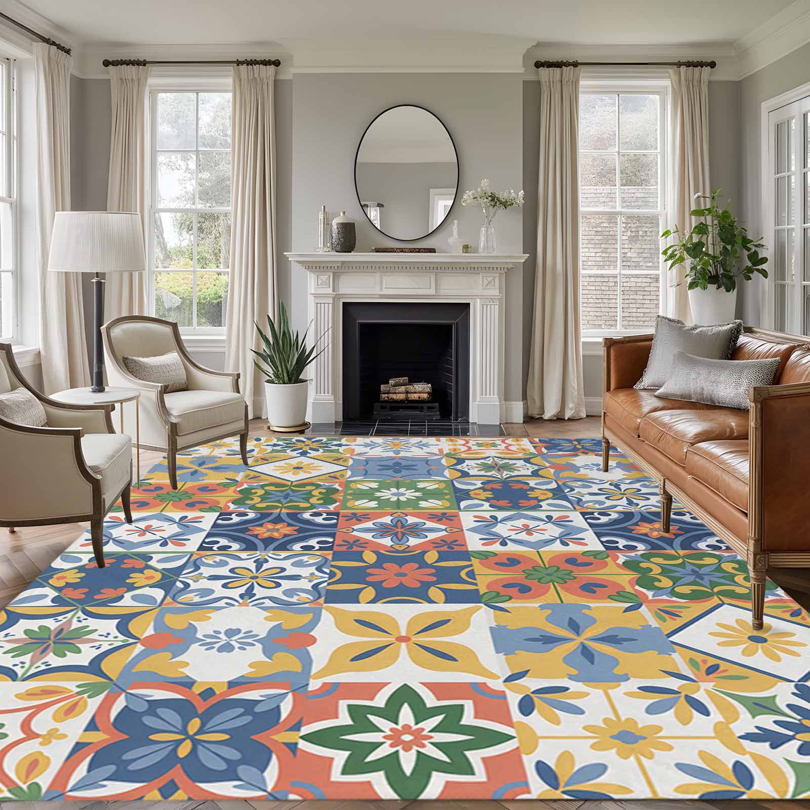 Area Rug for Living Room, Vintage Mediterranean Non-Slip Indoor Large ...