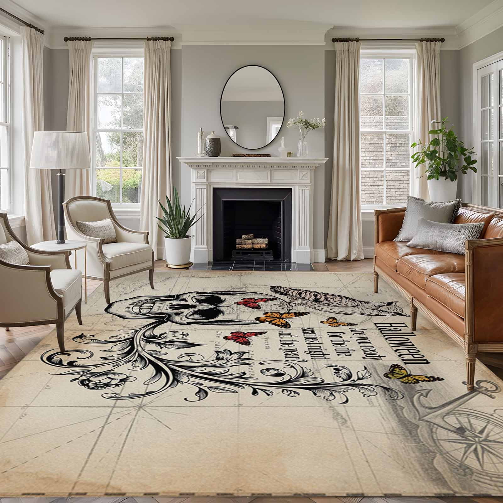 Area Rug for Living Room, Vintage Skeleton Non-Slip Indoor Large Carpet ...