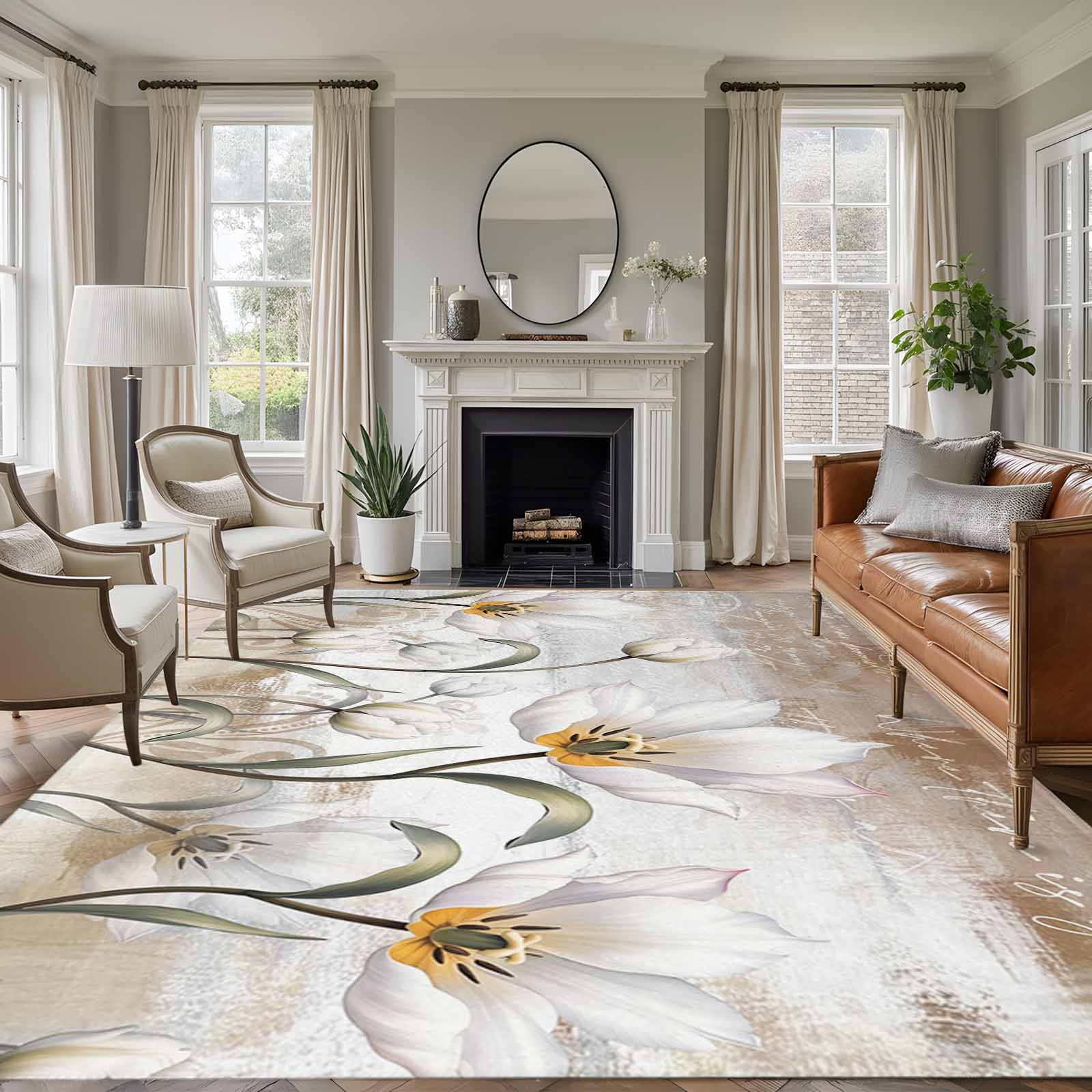 Area Rug for Living Room, Vintages Flowers Non-Slip Indoor Large Carpet ...