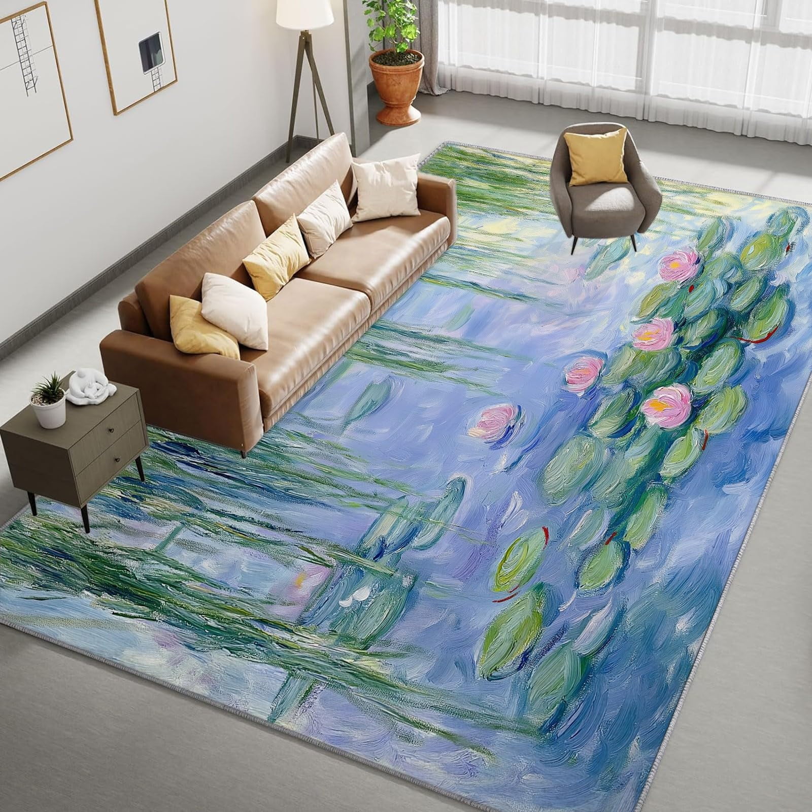 Area Rug For Living Room, Washable Oil Painting Lotus Pond Printed Rug ...